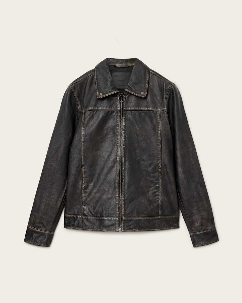 Alkan Zip Up Two Tone Leather Jacket Vintage Black | ALLSAINTS
